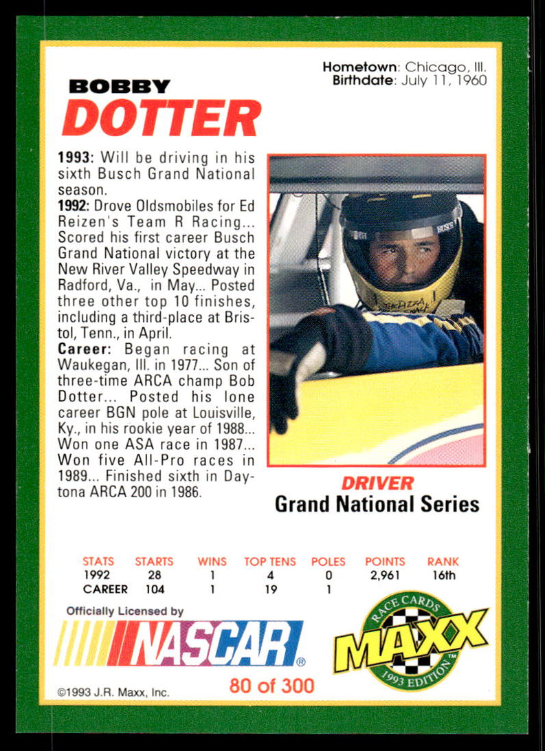 Bobby Dotter 1993 Maxx Race Cards # 80 Base — Collectible Craze America