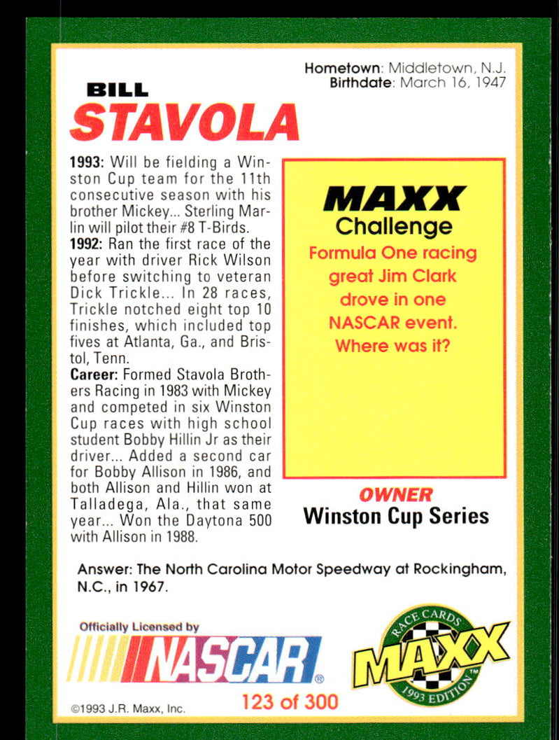 Bill Stavola 1993 Maxx Race Cards # 123 Base — Collectible Craze America