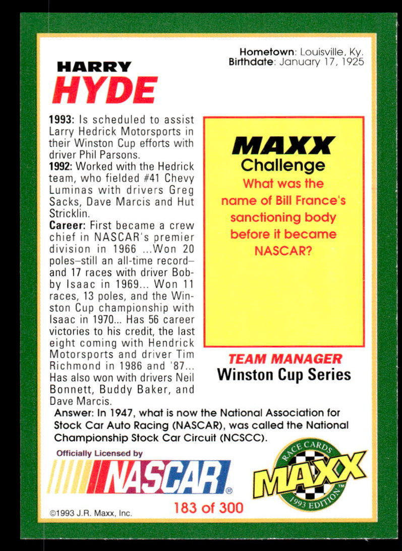 Harry Hyde 1993 Maxx Race Cards # 183 Base — Collectible Craze America